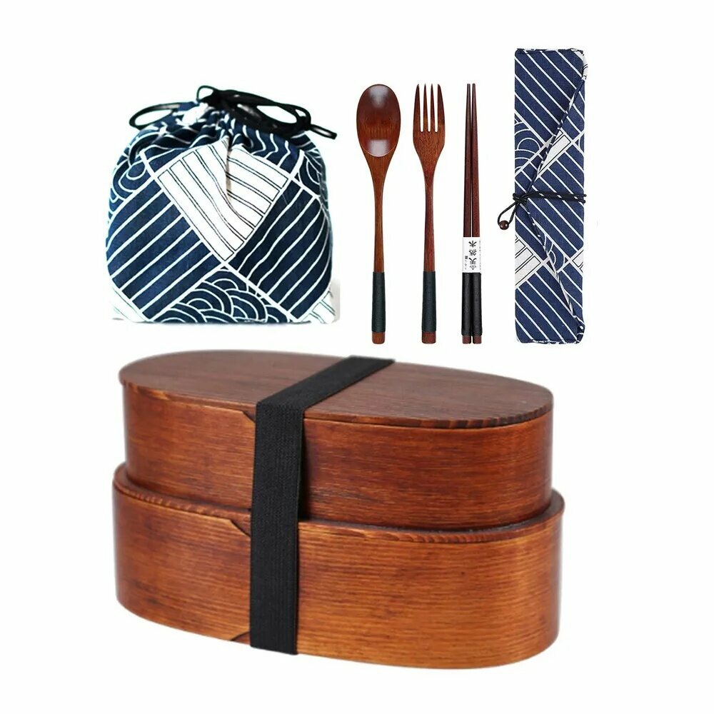 Контейнер пищевой "Деревянная коробка для ланча, Деревянный бокс для бенто, японский стиль, двухслойный ланч-бокс", 1 шт
