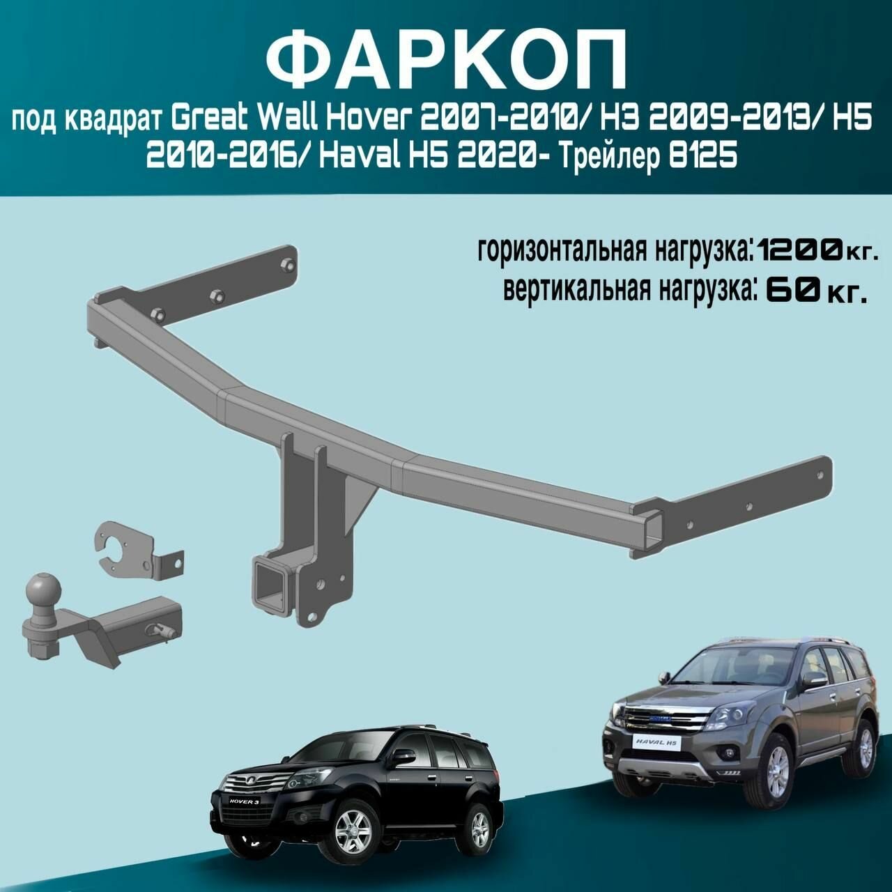 Фаркоп под квадрат Great Wall Hover 2007-2010/ H3 2009-2013/ H5 2010-2016/ Haval H5 2020- Трейлер 8125