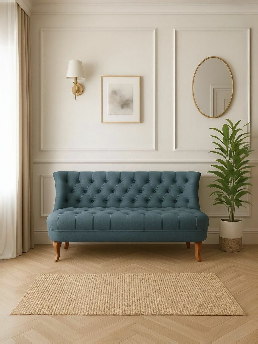 Прямой диван NOTTE "Марсель-2" 135*72*80 см, натуральный велюр, серо-голубой, нераскладной интерьерный диван