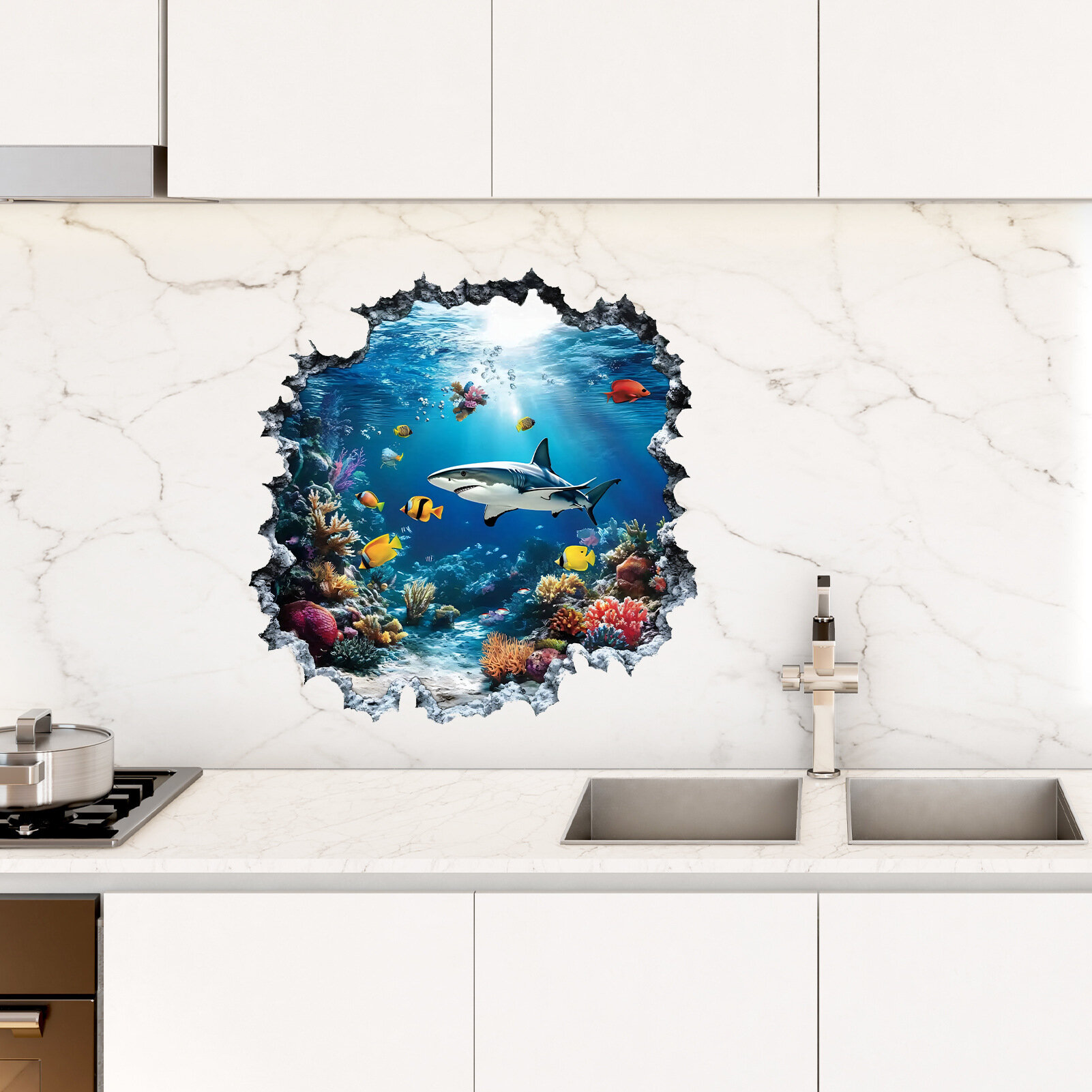 3D-наклейки на стену с изображением акулы, подводные сцены из океана, виниловые обои для ванной комнаты, кухни, гостиной, спальни, съемные самоклеящиеся настенные украшения из ПВХ с изображением морской жизни и кораллового рифа