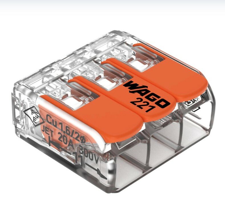 Клемма монтажная WAGO с рычагом, 3х0.2-4.0 (только медь) 221-413 (упаковка 50шт)