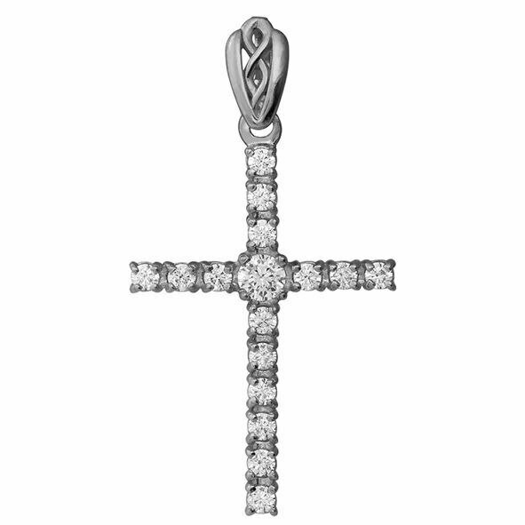 Крестик, белое золото, 585 проба, родирование, бриллиант