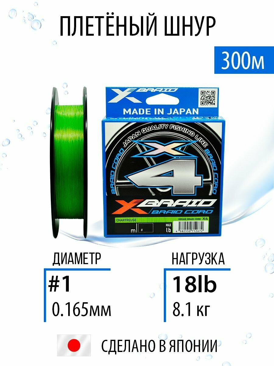 Шнур плетеный для рыбалки YGK X-Braid Braid Cord X4 #1.0/18lb 300m, плетёнка рыболовная, леска для спиннинга.