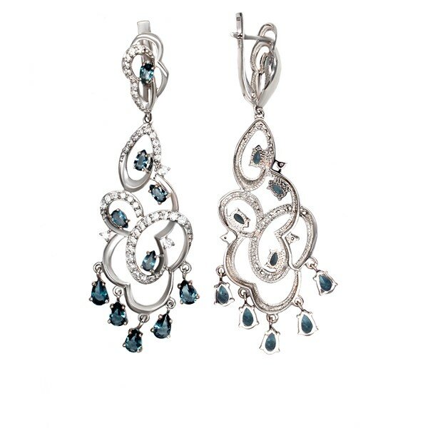 Серьги с подвесками, серебро, 925 проба, родирование, стекло, фианит