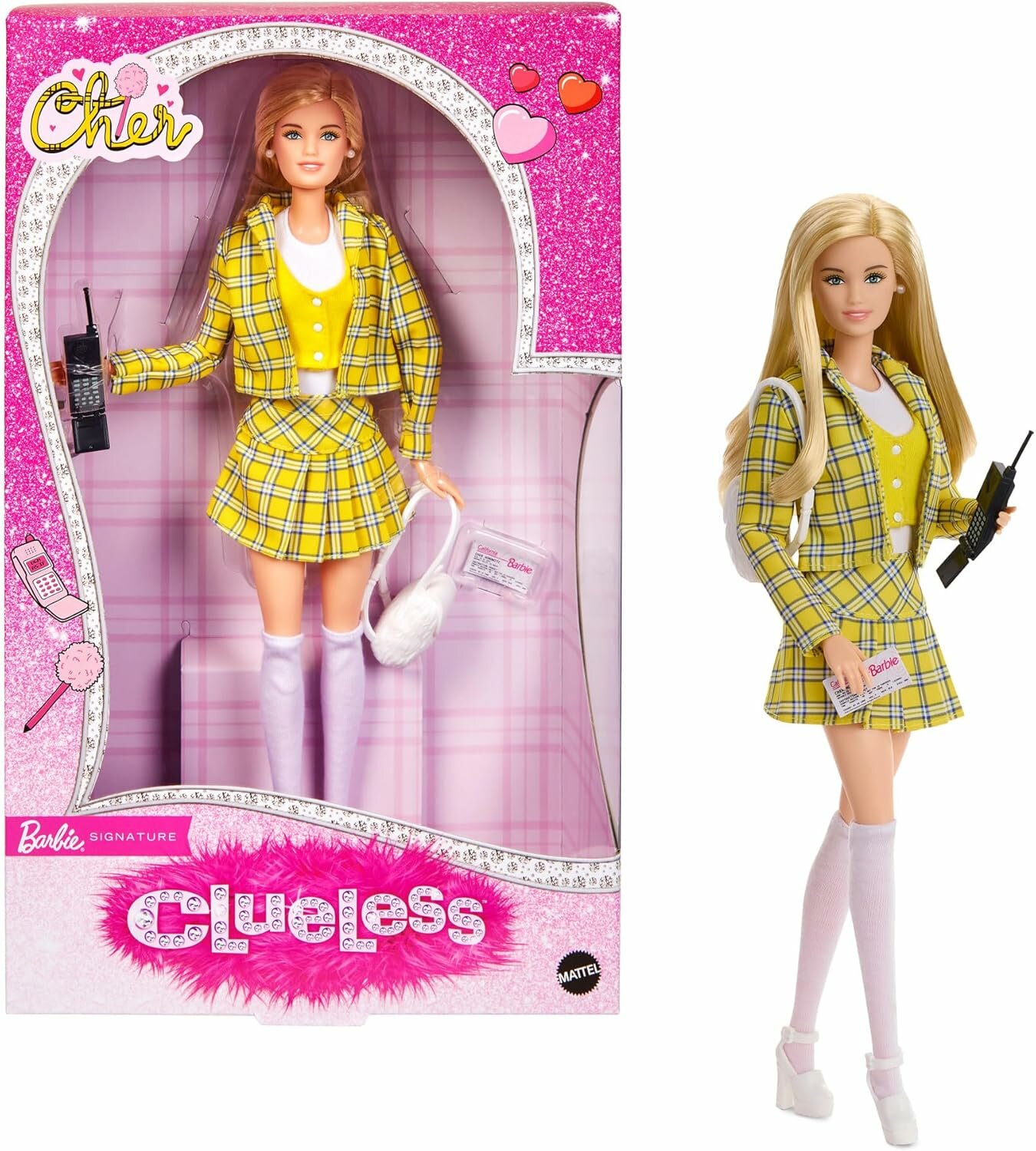 Кукла Mattel Barbie Signature Clueless - Кукла Cher в желтом клетчатом наряде с рюкзаком и мобильным телефоном - Барби JBJ34