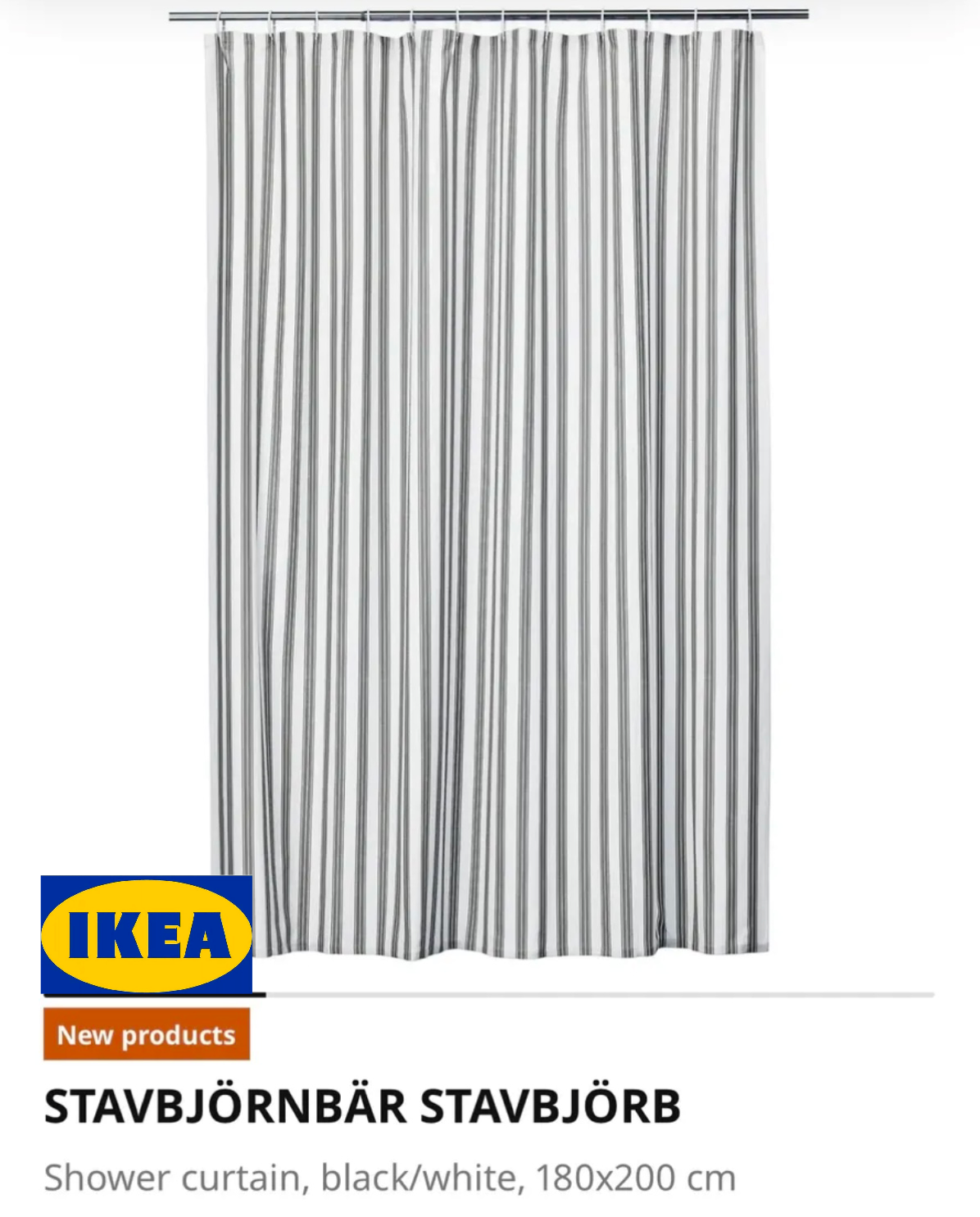 Занавеска для ванной STAVBJÖRNBÄR IKEA, черно-белая, 180x200 см
