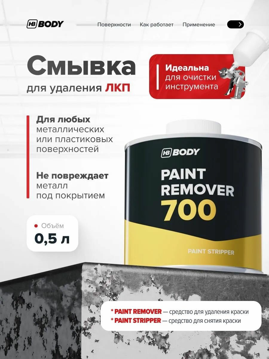 Смывка краски 0,5 л, универсальная / HB BODY 700 / удалитель старой краски с поверхностей, очиститель металла, бетона