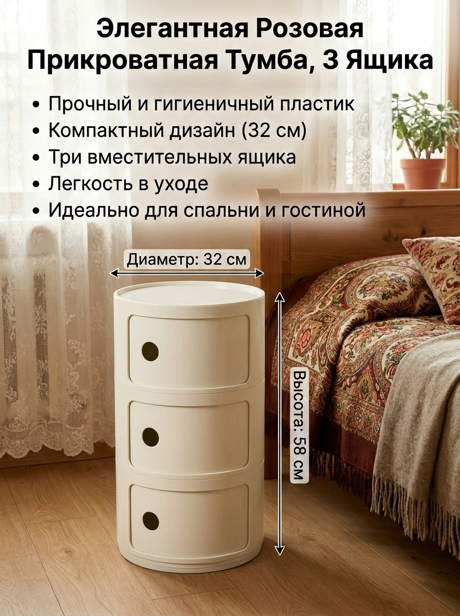 Тумба прикроватная Seyaom, 3 ящика, круглая, 30x30x58 см, белая