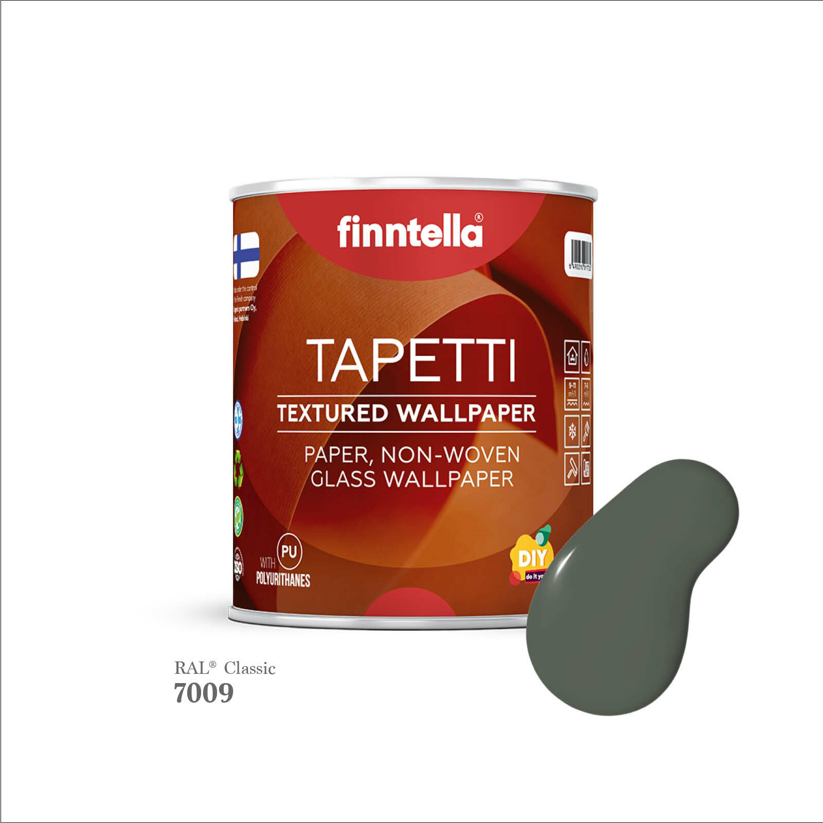 Шелковисто-матовая краска для обоев под окраску TAPETTI SILKKI Matta FINNTELLA, Цвет RAL 7009 3елено-серый (Green grey), 0,9л