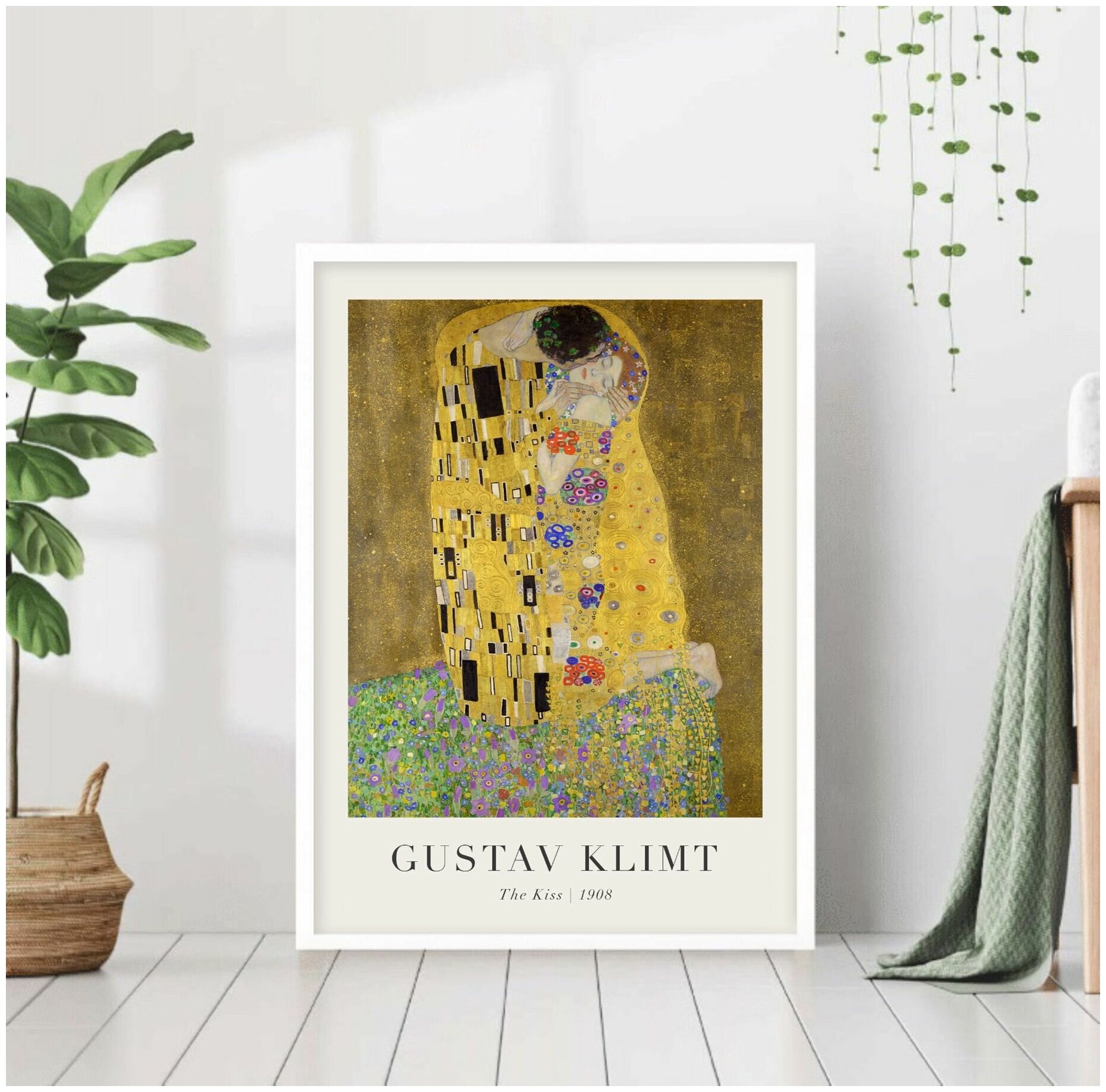 Постер " Густав Климт поцелуй репродукция" 50x70 в белой рамке для интерьера на стену