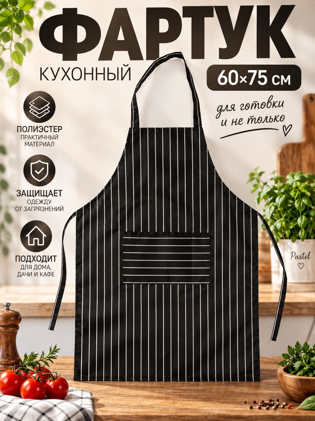 Фартук кухонный 60х75 см, полиэстер, Pastel, хозяйственный для готовки для кухни