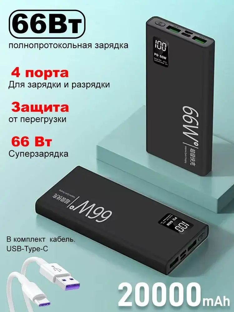 Внешний аккумулятор, 20000 мАч, 66 Вт, черный
