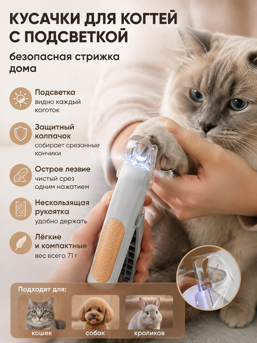 Светящиеся кусачки для когтей кошек и собак с подсветкой и защитной крышкой, удобная рукоятка