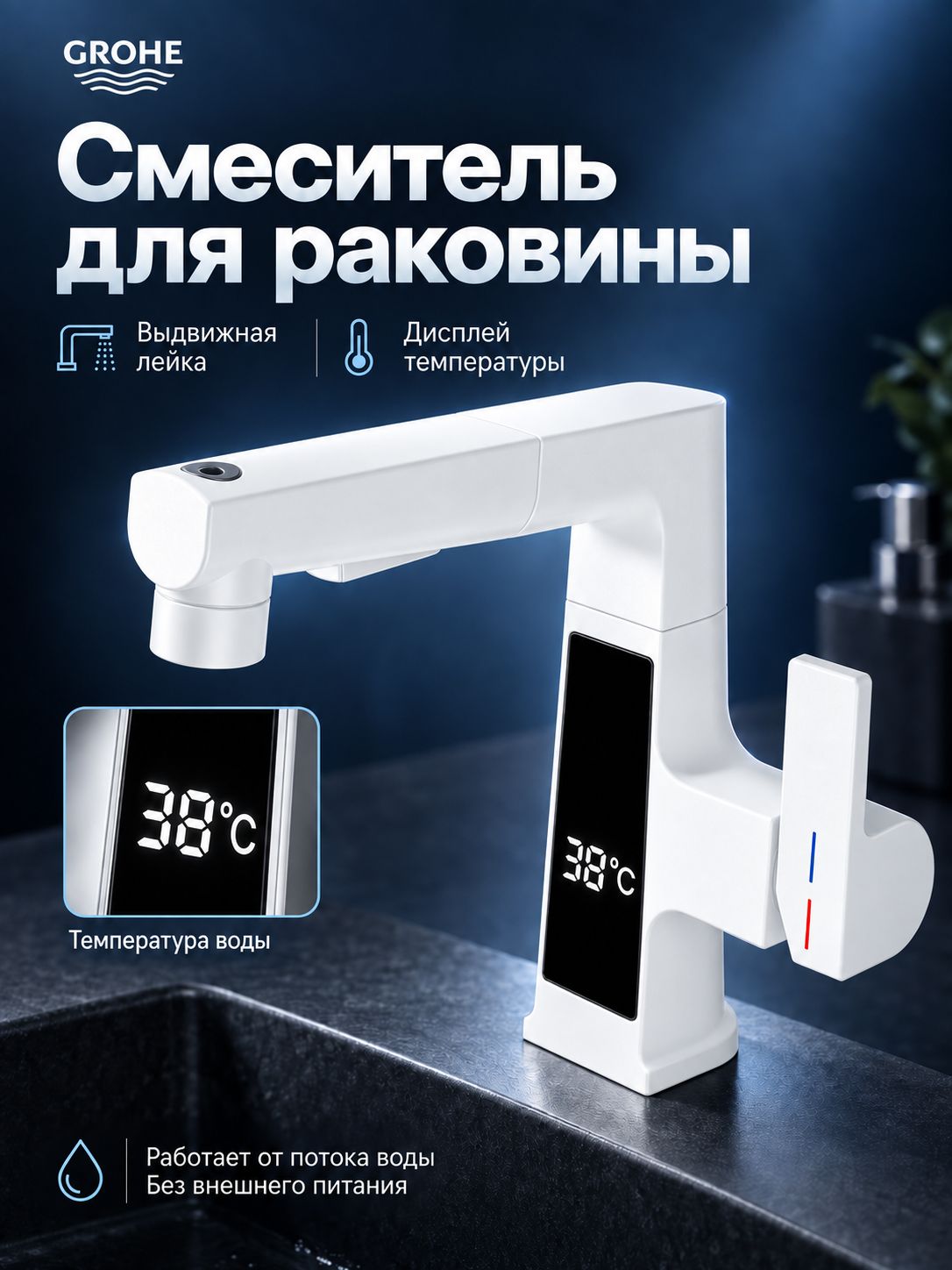 Смеситель для ванной комнаты Grohe, поворотный и выдвижной, цифровой дисплей