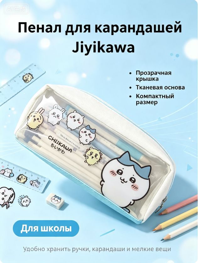 Пенал для карандашей Chiikawa, прозрачный передняя часть, тканевая задняя сторона