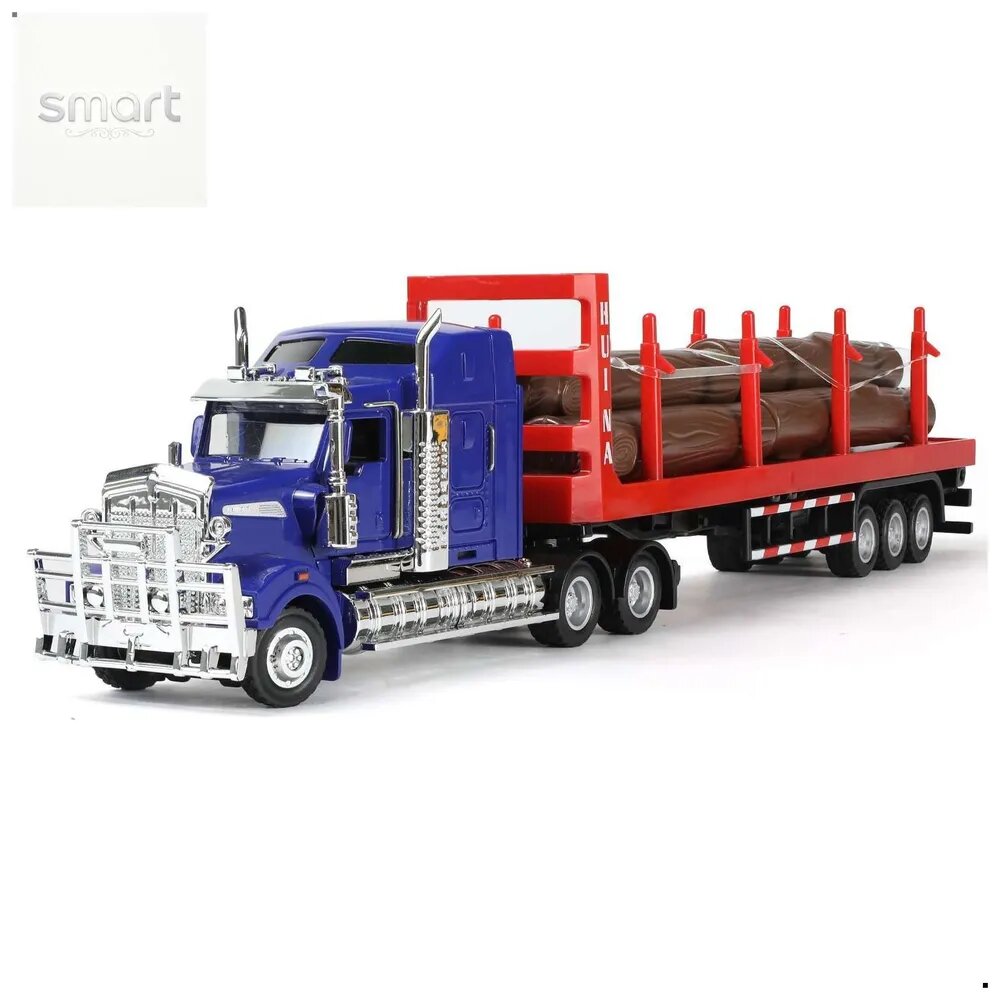 Игрушечный лесовоз с прицепом 1:50 для Kenworth W900. Большой литой металлический тягач и полуприцеп для перевозки пиломатериалов. Коллекционная модель и подарок для детей и взрослых.