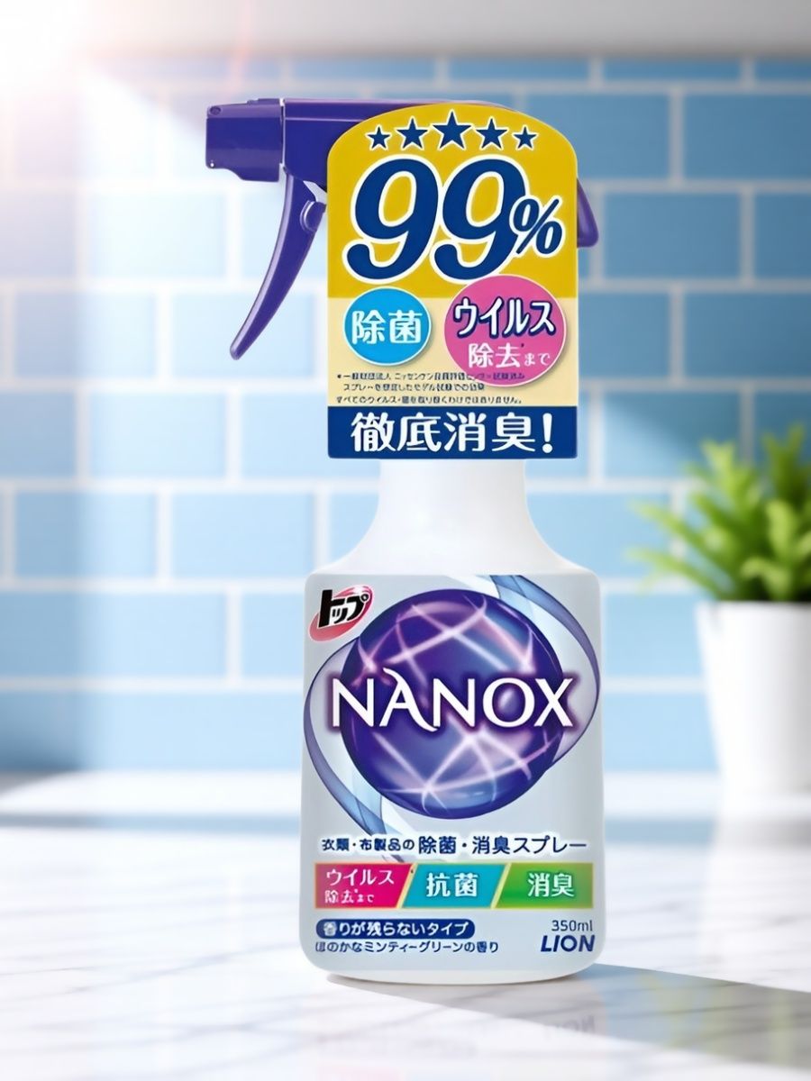 Lion "Top Nanox" Дезодорант-нейтрализатор дезинфицирующий для одежды и изделий из ткани, против неприятных запахов с ароматом мяты и зеленого чая, 350 мл. Япония.