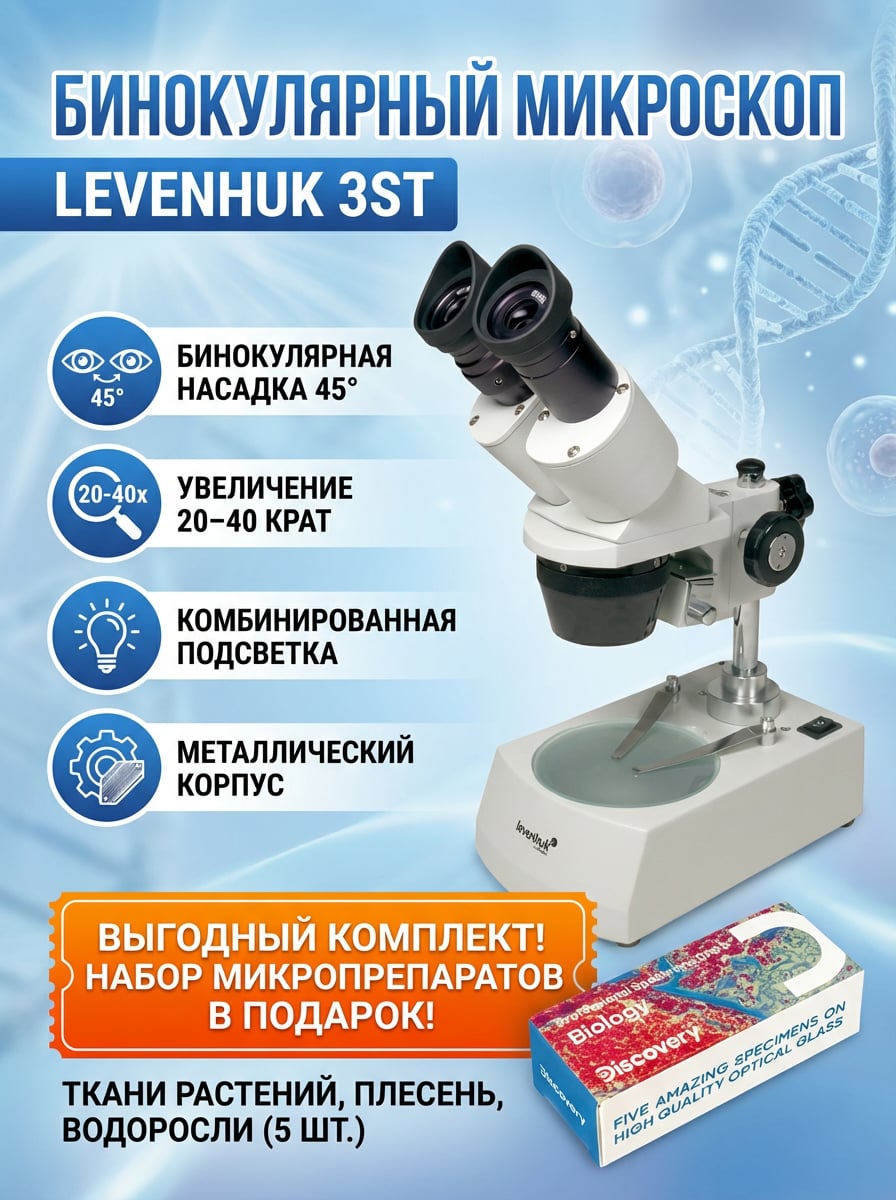 Микроскоп бинокулярный Levenhuk 3ST в комплекте с набором микропрепаратов Levenhuk Discovery Prof DPS 5. Биология