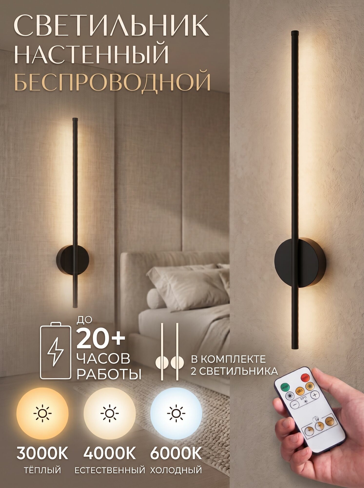 LUCKYLED Настенный светильник бра беспроводной, аккумуляторный, без сверления, на магните, с пультом ДУ, комплект из 2 шт, 80 см