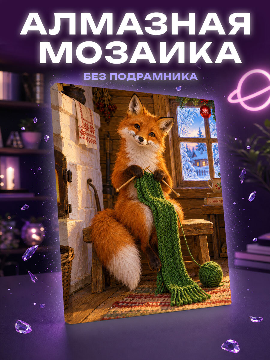 Алмазная мозаика Лисичка вяжет к Новому году