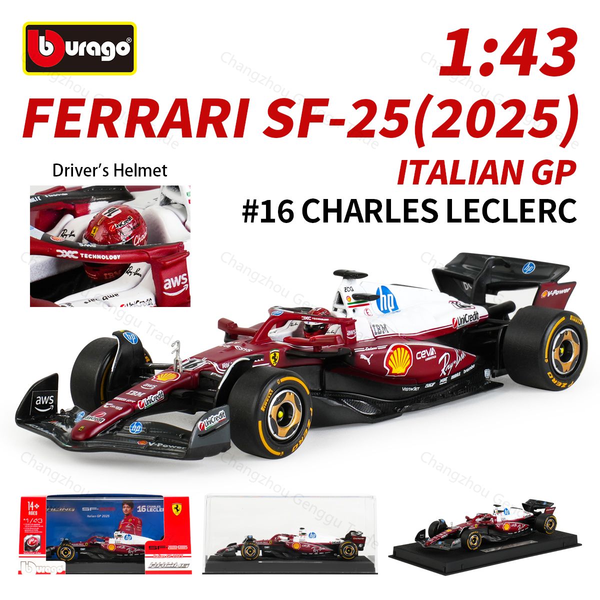 Акриловая прозрачная коробка Bburago 1:43 Гран-при Италии 2025 Ferrari SF-25 Формульный болид Формулы-1, Литые под давлением автомобили, коллекционная модель гоночных игрушек