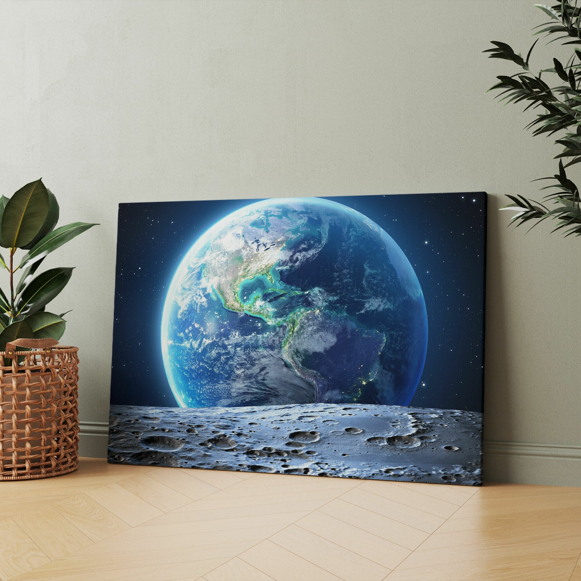 Картина на холсте (земля вид с космоса из и луна планета) 50x70 см/для интерьера/в комнату/на стену/в подарок