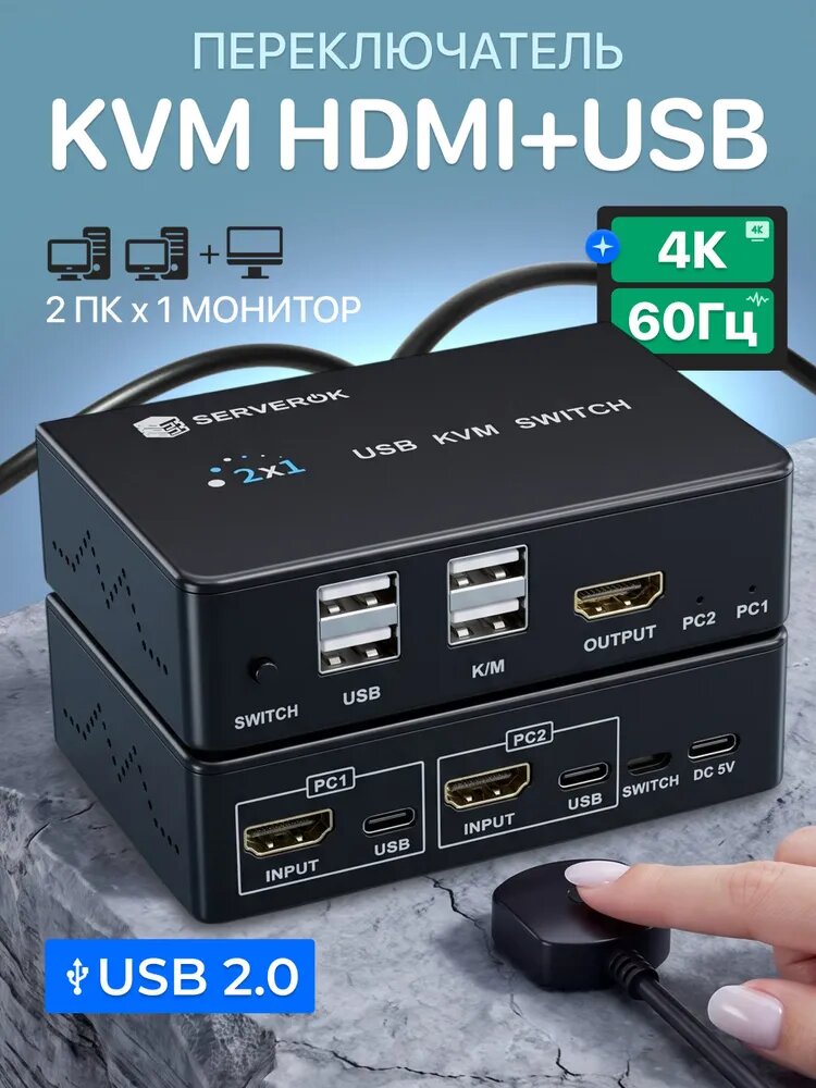 KVM SWITCH Переключатель HDMI USB между двумя устройствами с одним монитором