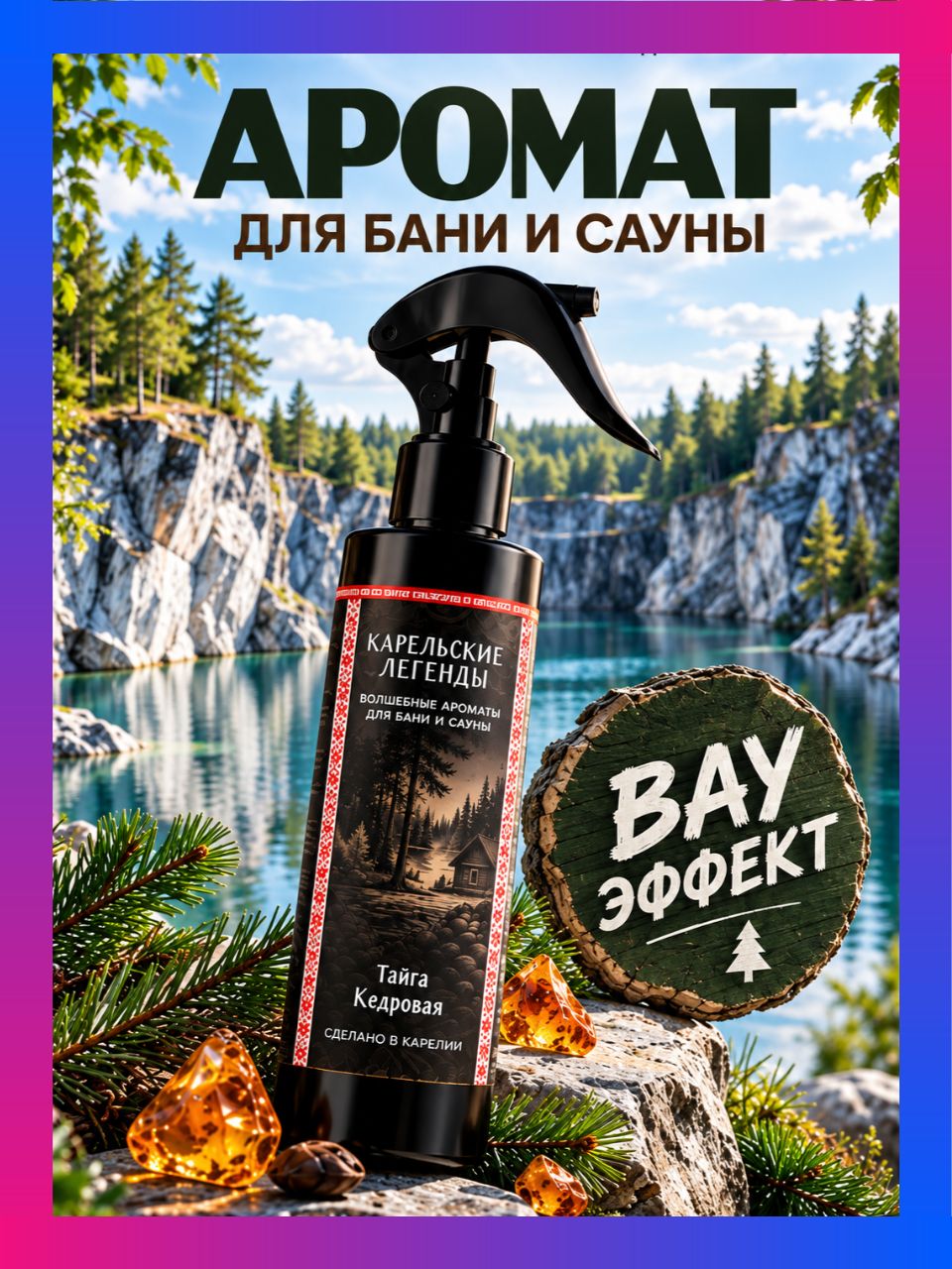 Тайга Кедровая - Ароматизатор для бани и сауны, Аромат, Настой на основе эфирных масел Карельские Легенды
