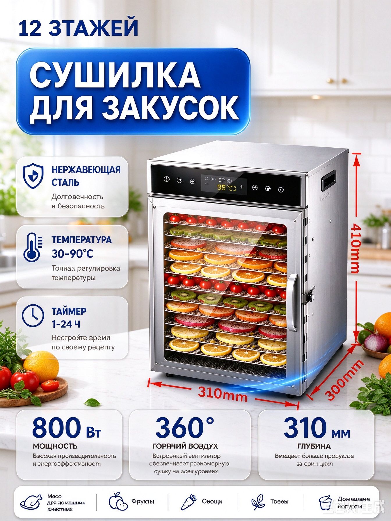 12-ярусная сушилка для продуктов из нержавеющей стали, мощность 800 Вт, регулировка температуры 3090C, таймер 1-24 часа, сенсорное управление для сушки фруктов, овощей, мяса