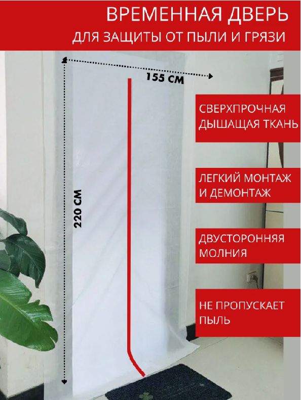 Защитная многоразовая дверь против пыли при строительстве и ремонте 155х220, застежка молния