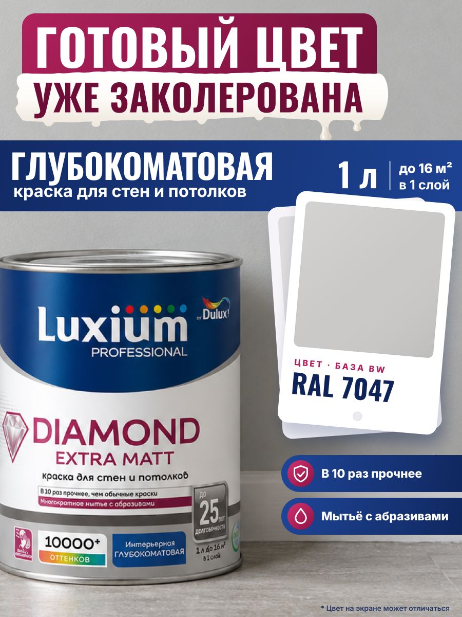 Интерьерная краска Diamond Extra Matt для стен и потолков цвет RAL 7047 глубокоматовая 1 л