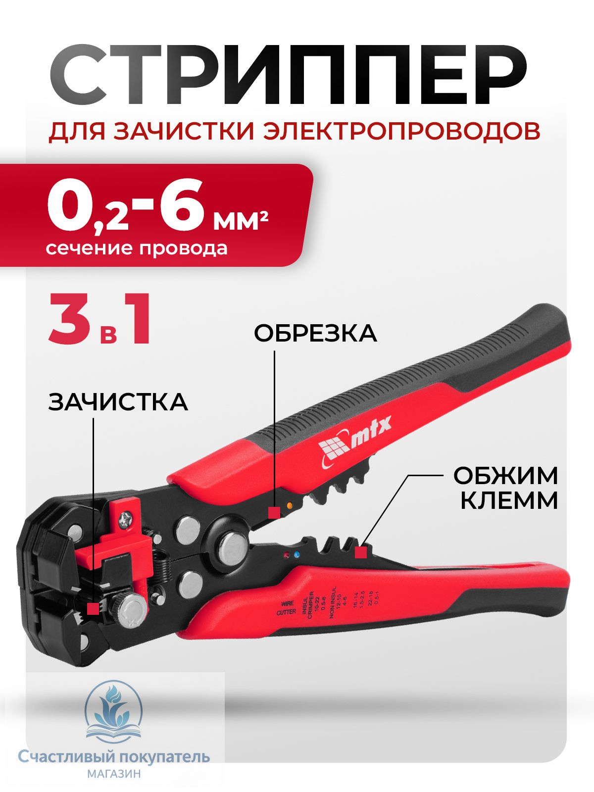 Стриппер / щипцы для зачистки электропроводов , сечение 0.2-6 мм2, функция обрезания проводов и регулировка длины, двухкомпонентные рукоятки 177349