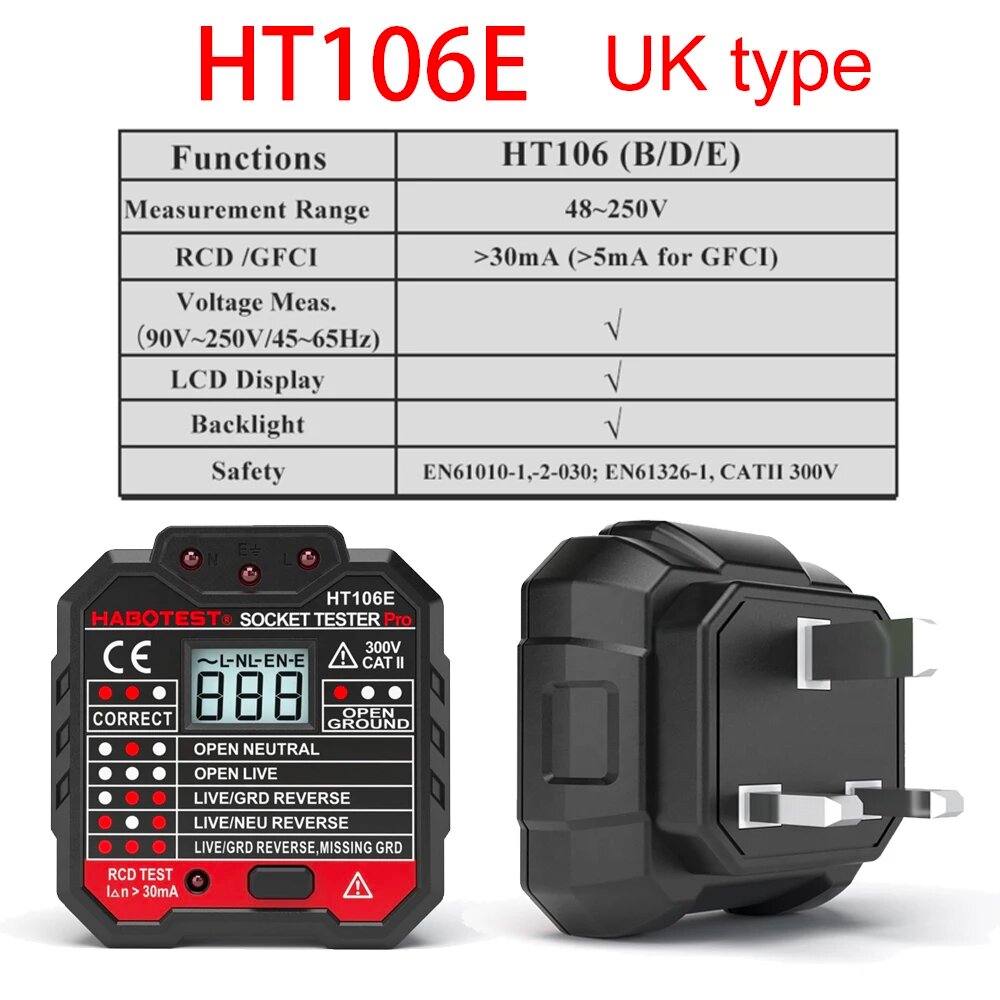 Тестер розеток Habotest HT107 Pro HT106E UK Socket