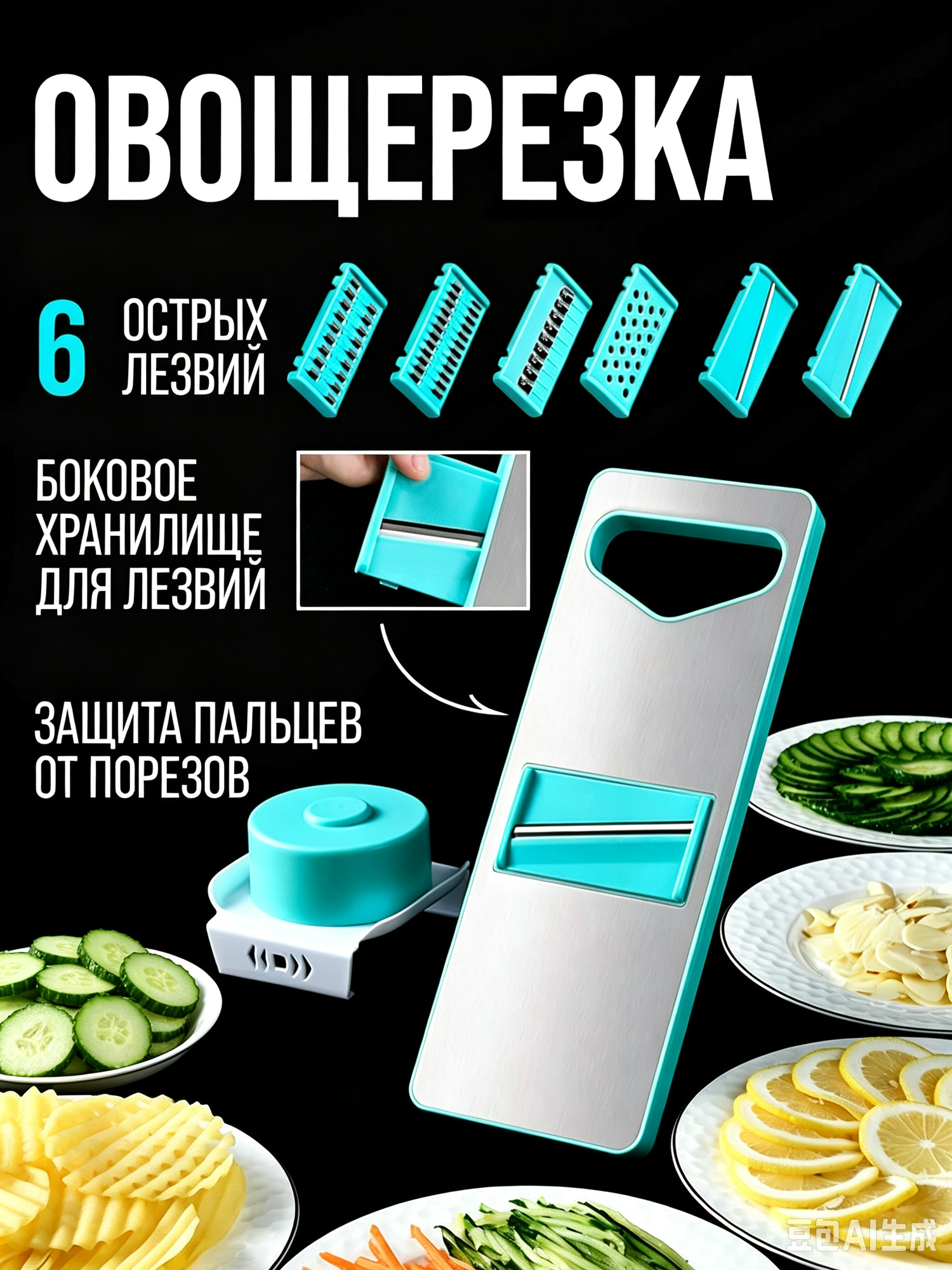 Терка для овощей, корейской моркови, ручная, нержавеющая сталь 6 насадок