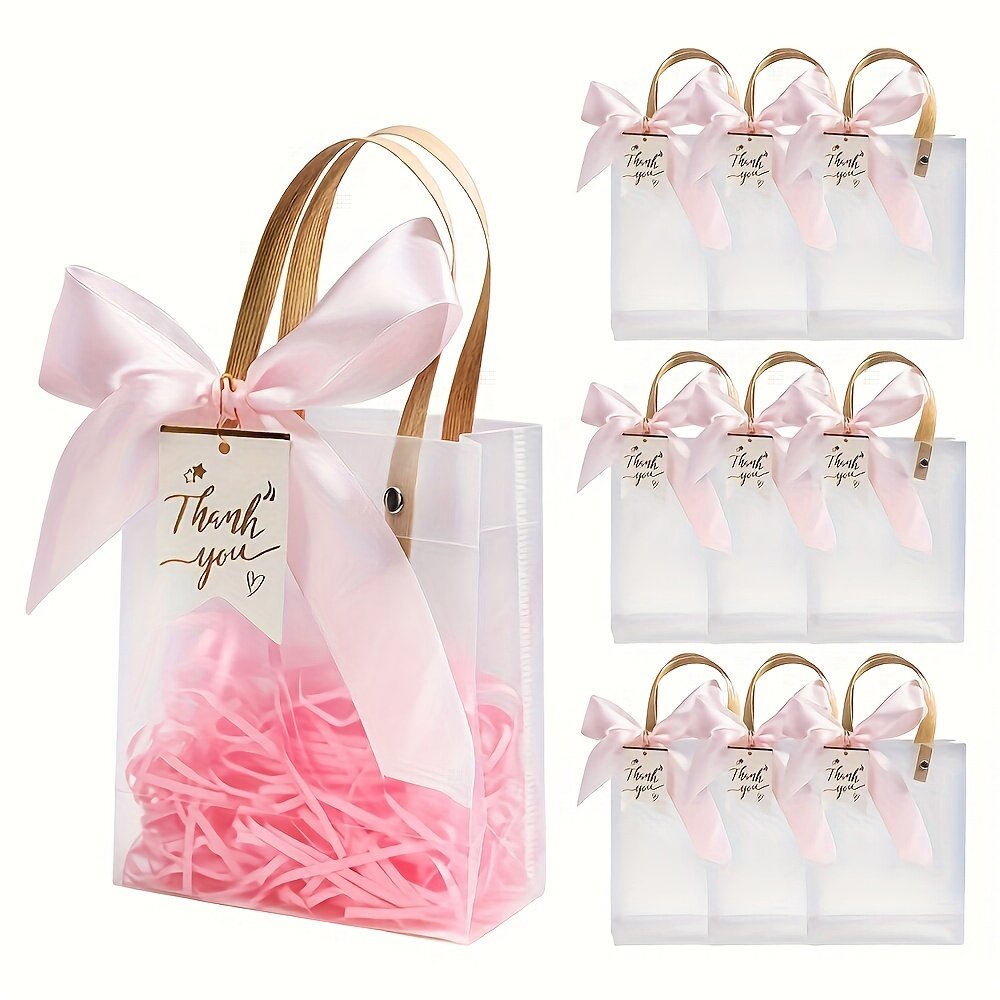 Набор из 10 подарочных пакетов с лентой и рафией, розовый цвет, для дней рождения, свадеб и праздников