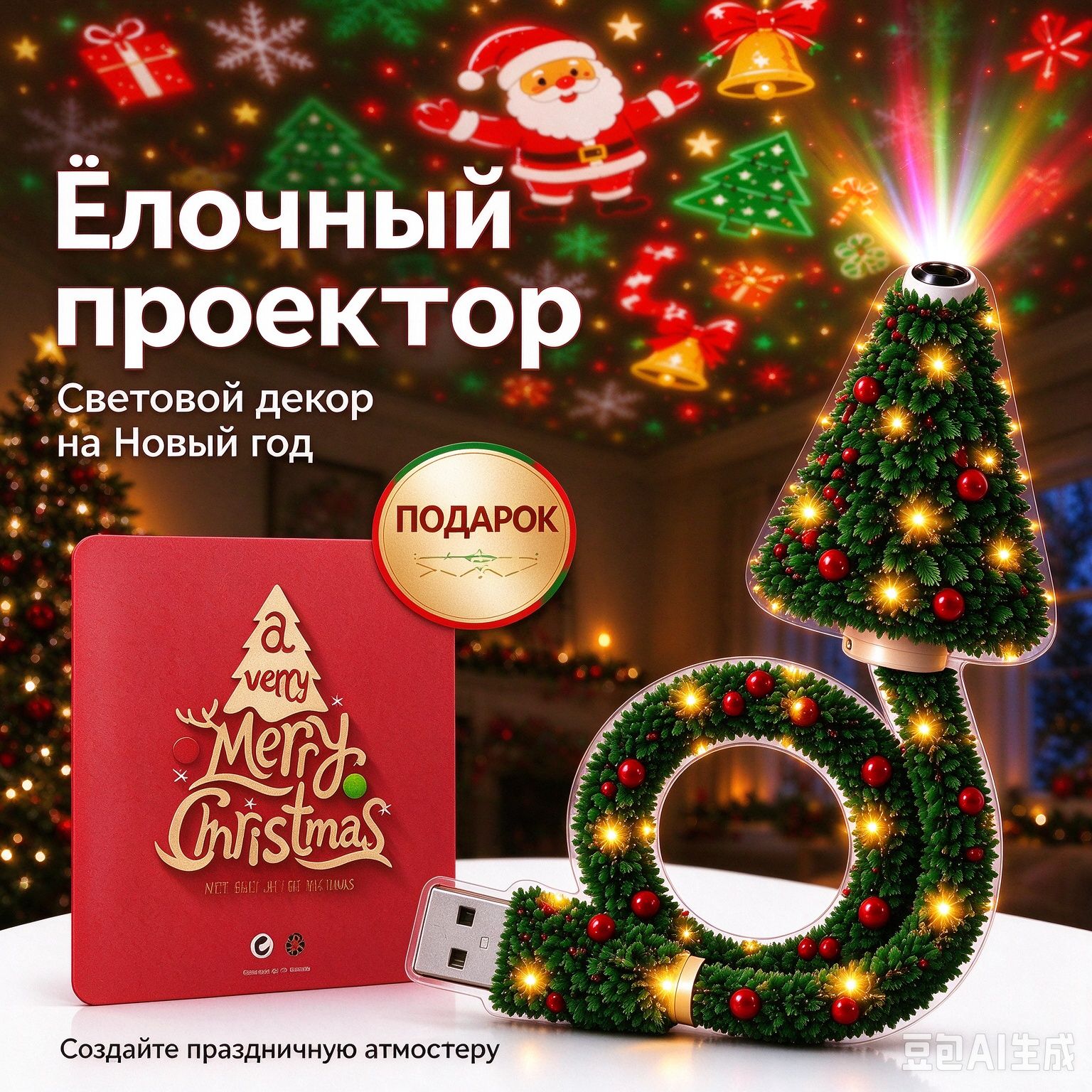 Рождественский HD-проектор с 6 праздничными сюжетами