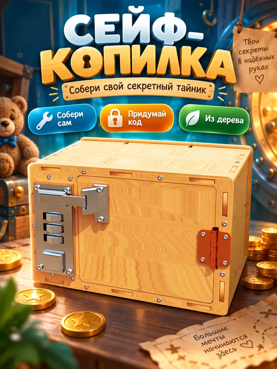 Сейф детский Эврики / Деревянный конструктор для мальчиков