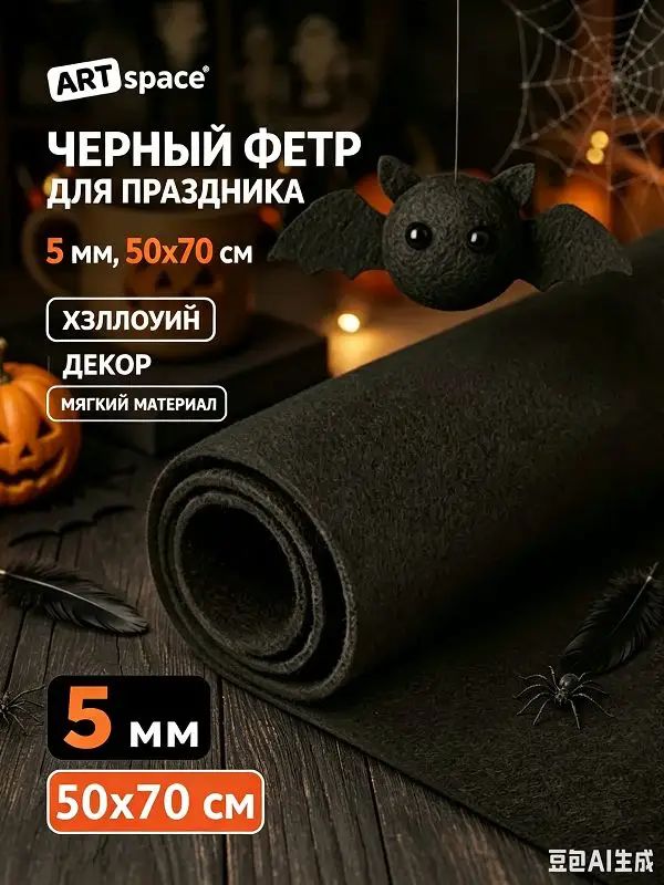 Материал для праздничного декора плотный черный войлок 5 мм 50*70 см