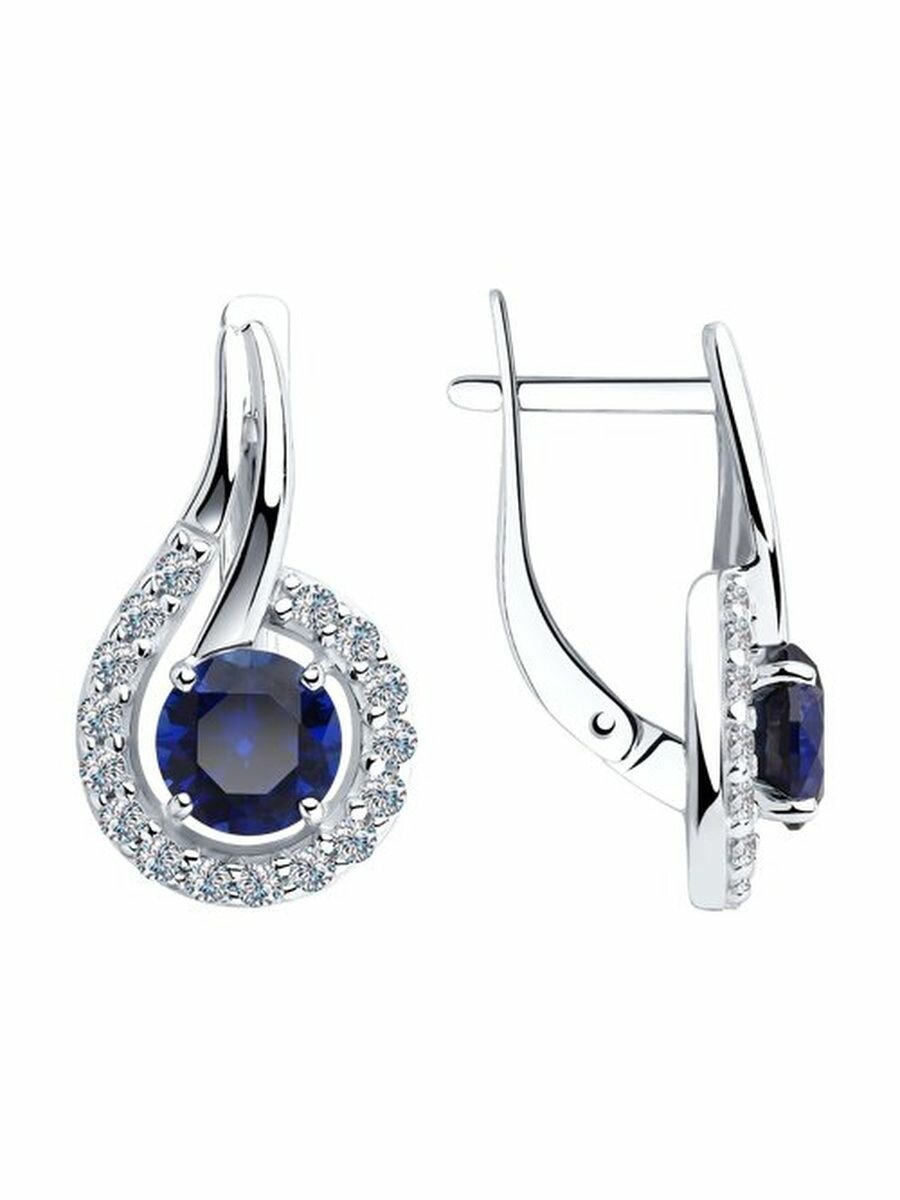 Серьги, серебро, 925 проба, родирование, фианит, сапфир синтетический