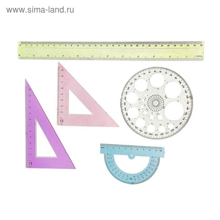 Набор геометрический, чертежный, блистер: линейка 30 см, 2 треугольника, транспортир, трафарет окружности, микс, 540590