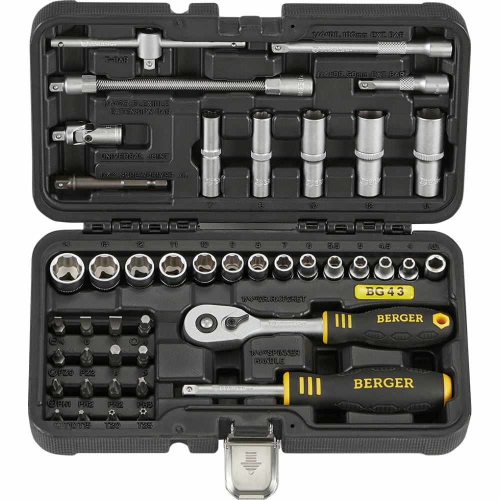 Универсальный набор инструментов 43 предмета Berger BG BG043-14, Все изделия обладают продолжительным рабочим ресурсом