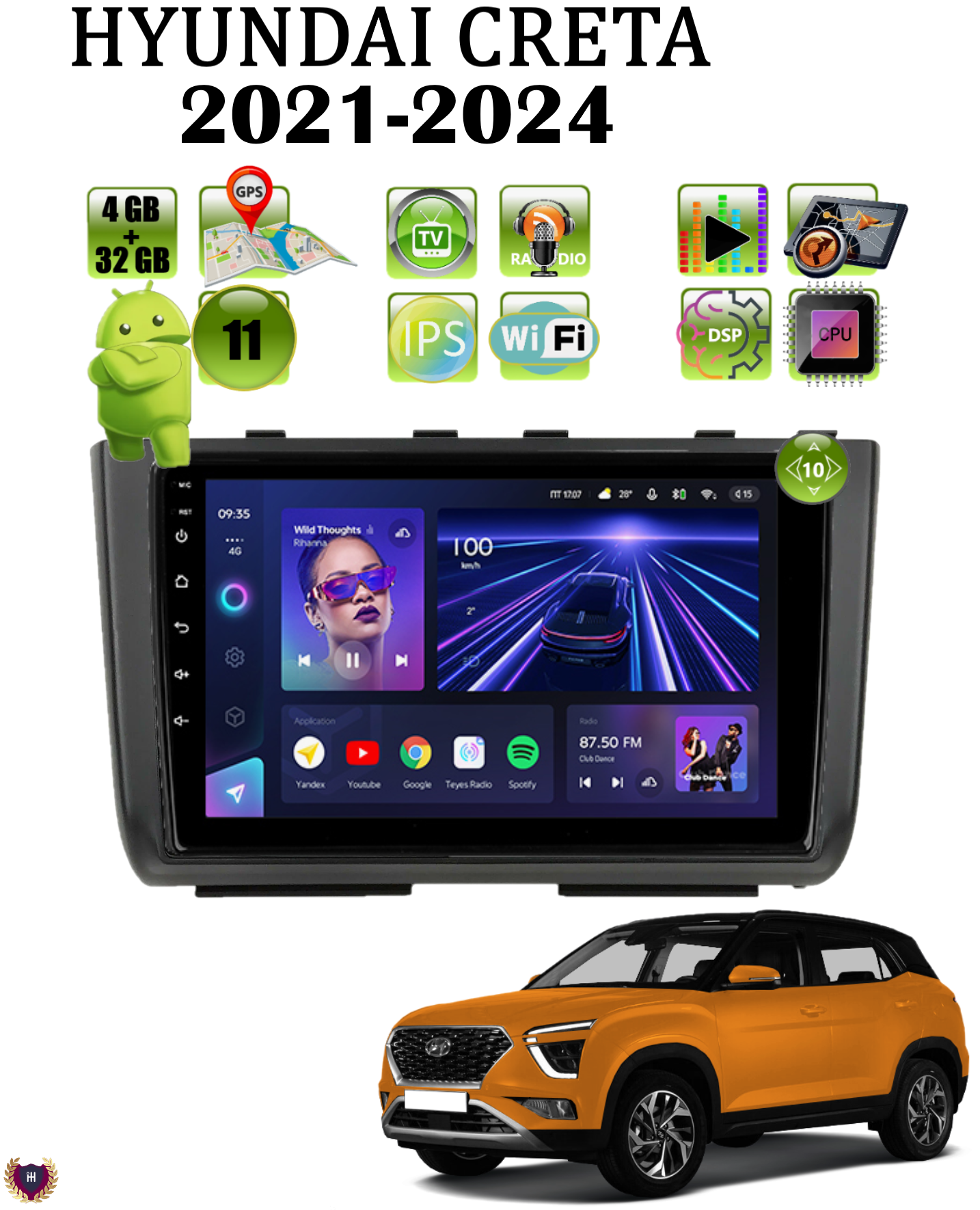 Автомагнитола для Hyundai Creta (2021-2024), Android 11, 4/32 GB, GPS, Bluetooth, WiFi, IPS экран, FM, сенсорные кнопки, поддержка кнопок на руле