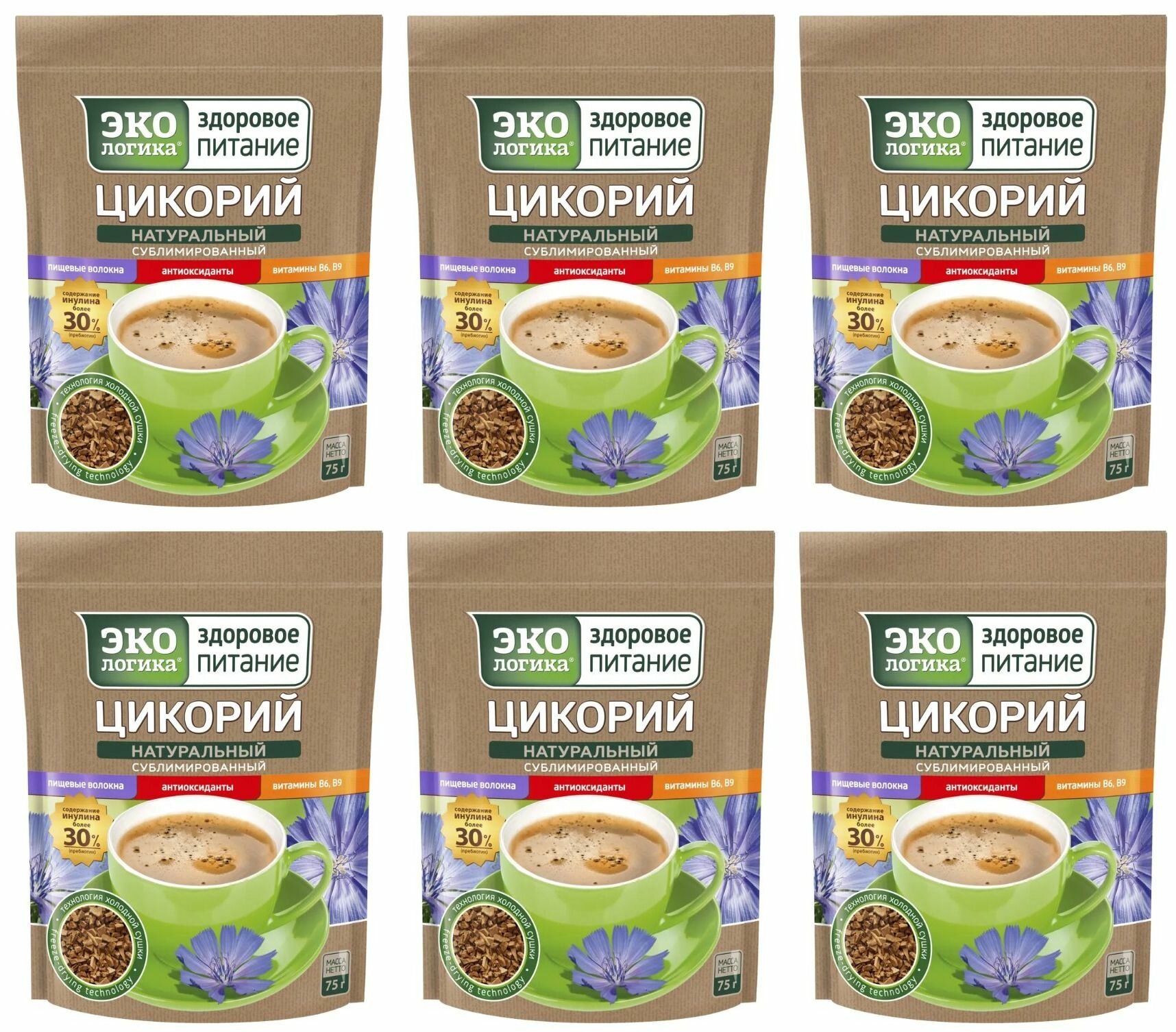 Экологика Цикорий растворимый Здоровое питание, 100% натуральный сублимированный классический, 75 гр, 6 шт