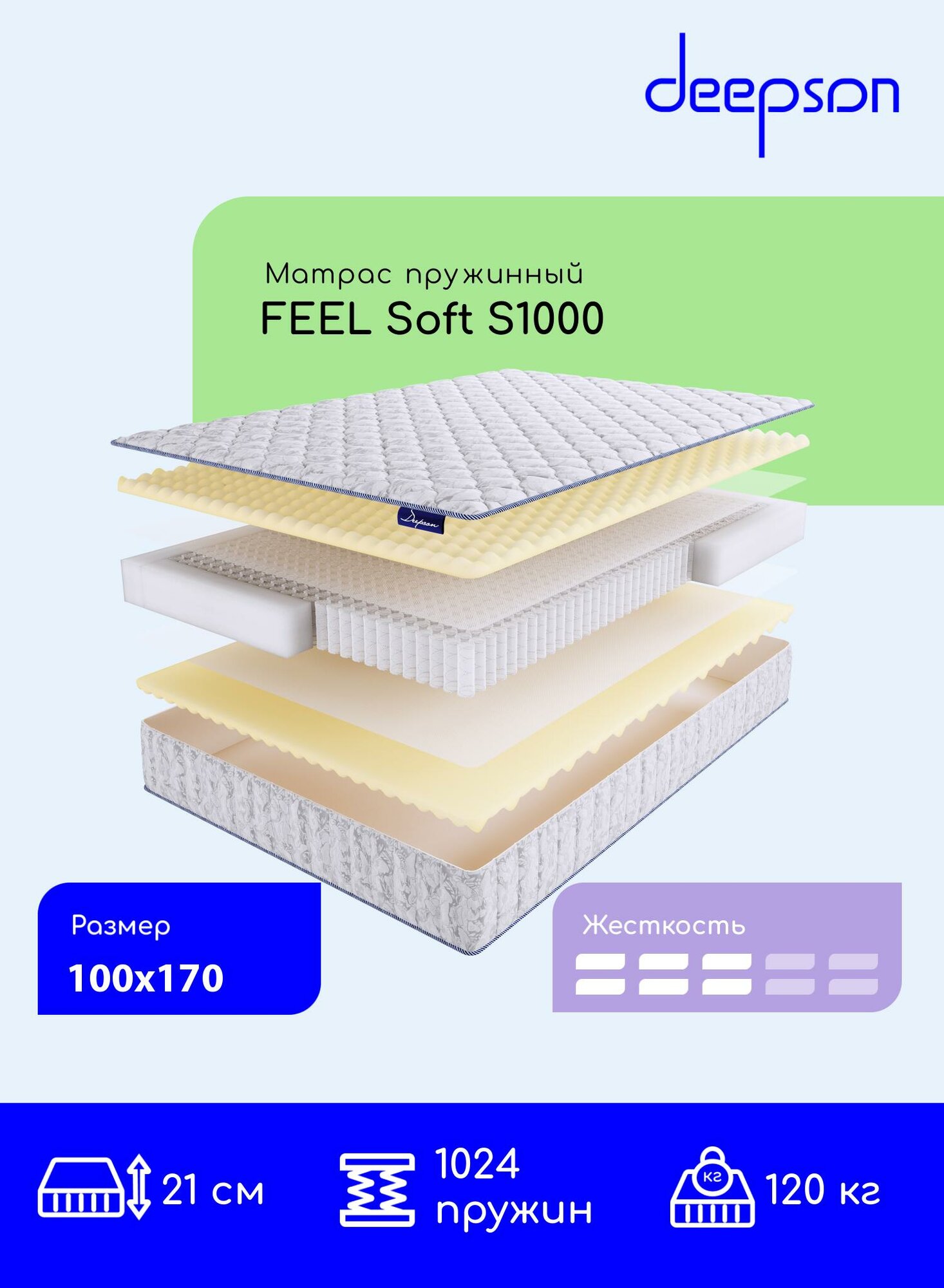 Матрас 100x170 пружинный полутороспальный ортопедический Deepson FEEL Soft S1000