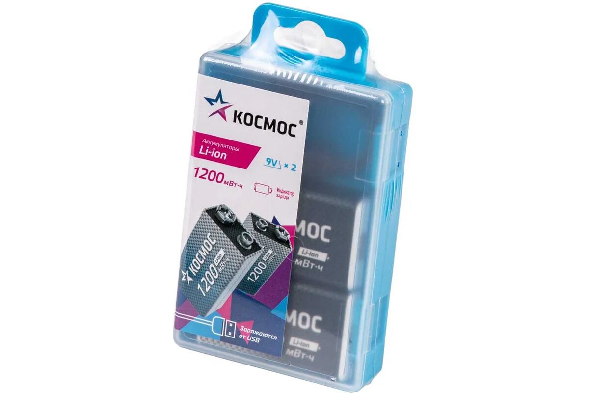 Космос Аккумулятор крона Li-ion 9V 1000мАч 2 шт в боксе KOCLi9V1200mAh2B