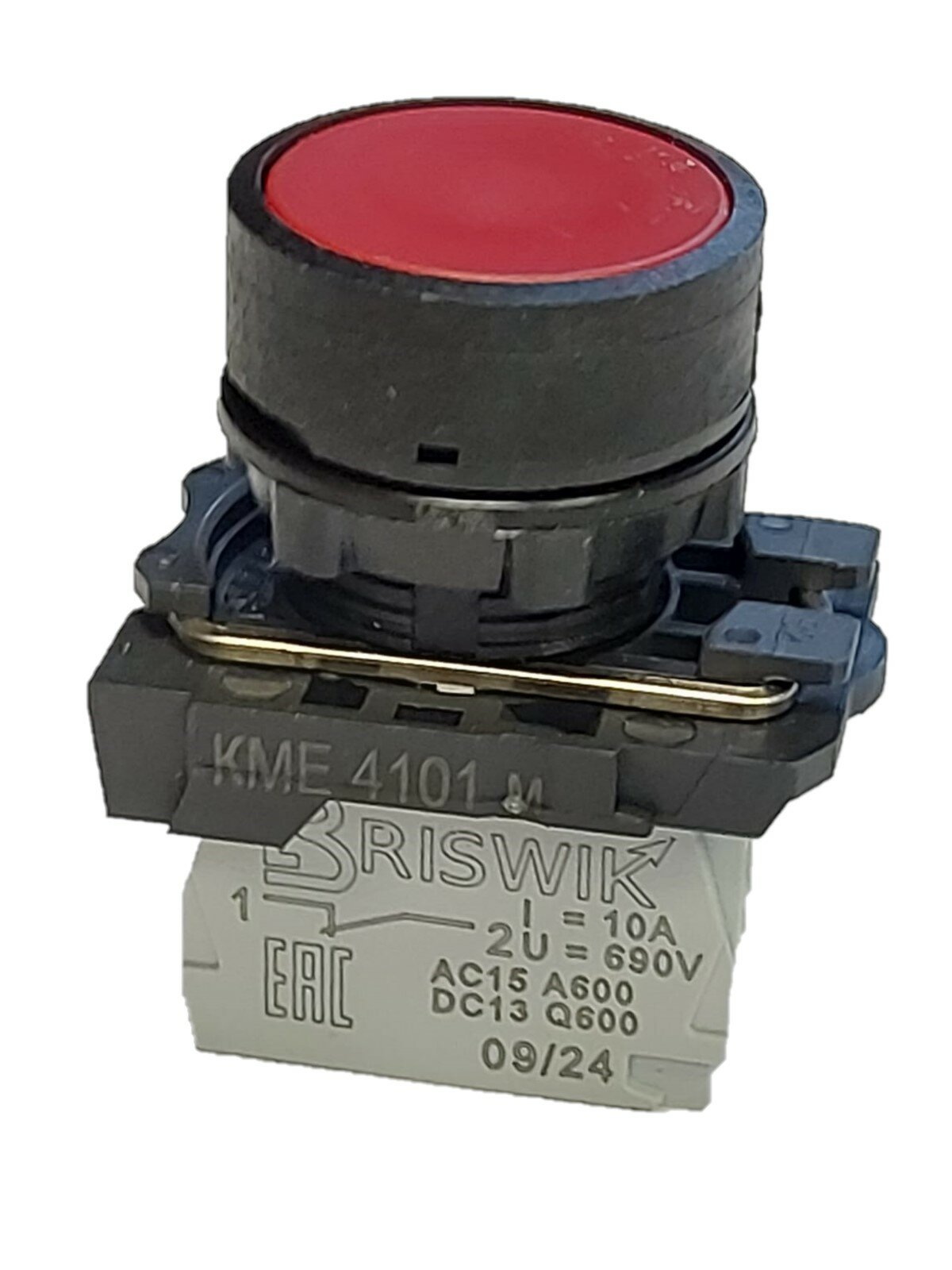 Нажимная кнопка (кнопочный выключатель) в сборе Briswik КМЕ 4101м, красный, кнопочный, 0но, 1нз, цилиндр, без фиксации
