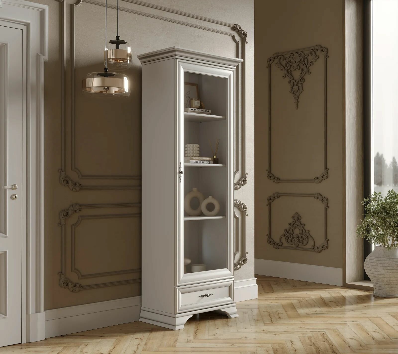 Шкаф-витрина Kentaki REG1W1S белый, стеклянный, 1 дверь, 4 полки, для посуды, в прихожую