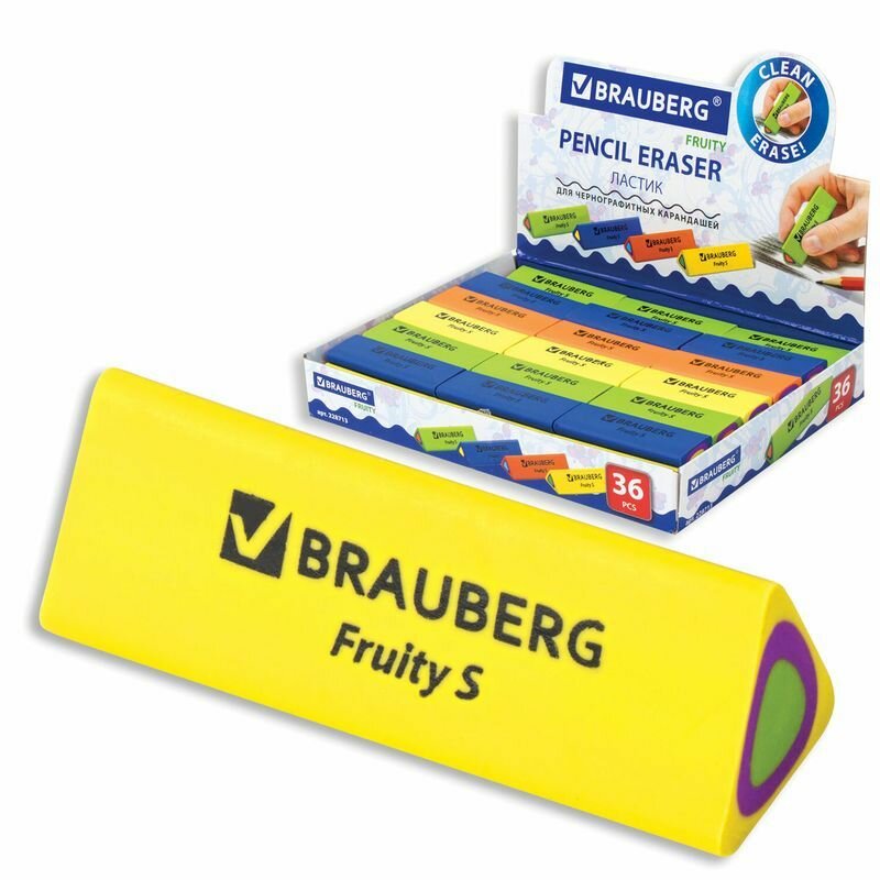 Ластик BRAUBERG "Fruity S", 44х15х15 мм, цвет ассорти, треугольный (5 штук в упаковке)