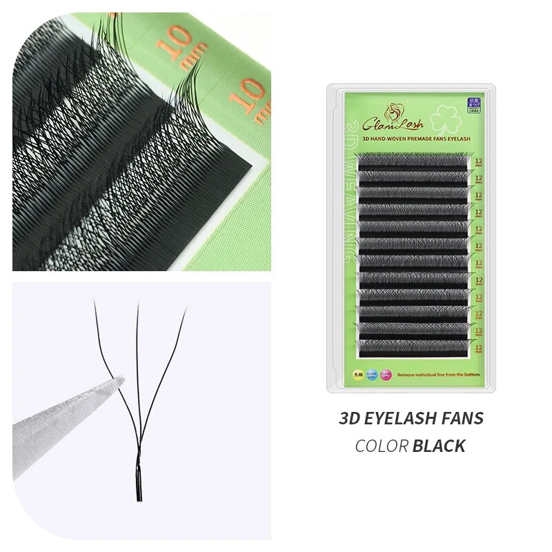 Веерные ресницы 3D GLAMLASH, D изгиб, 14 мм, W Black