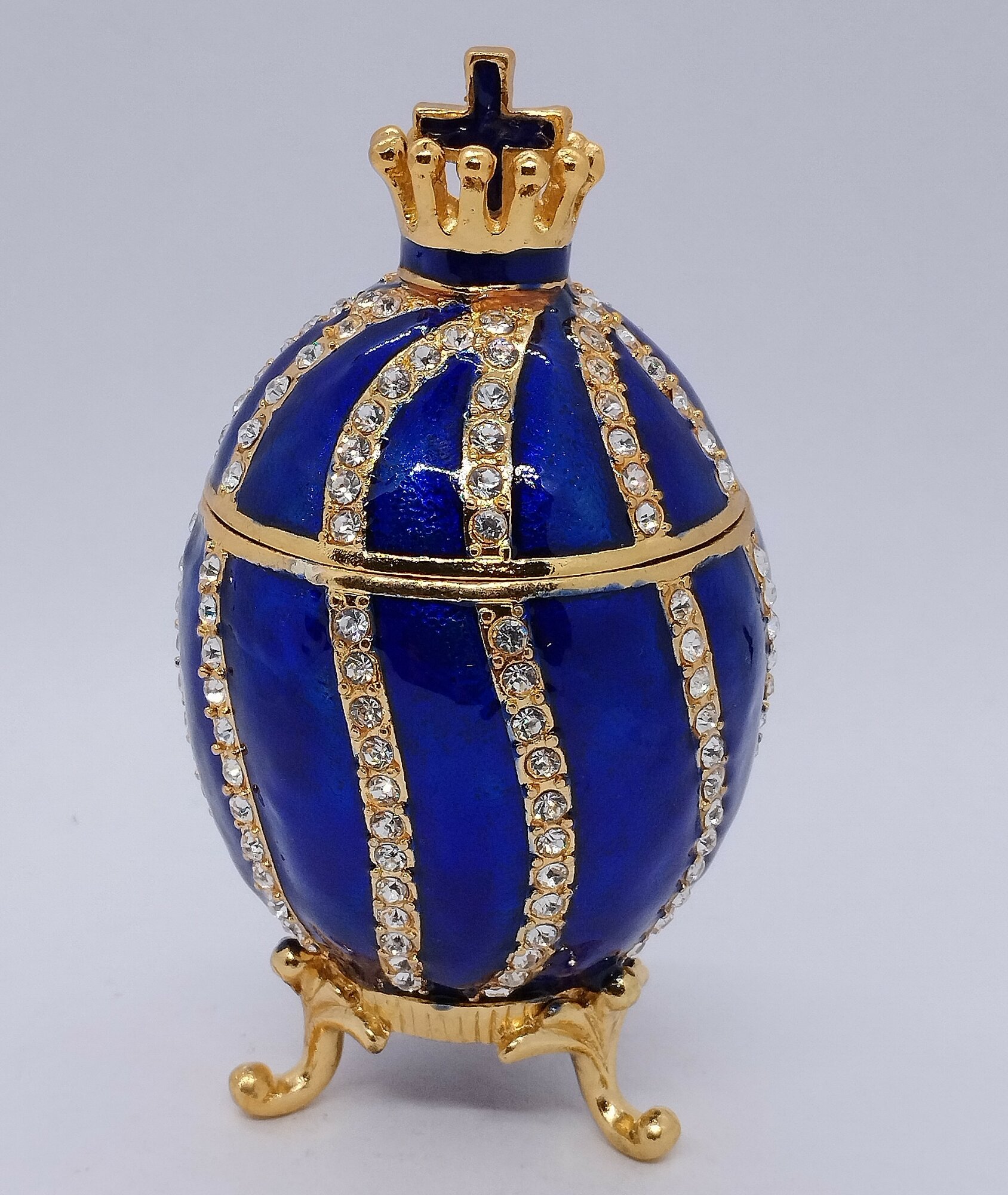 Яйцо Фаберже витое с короной, среднее, синее, арт. 618-002